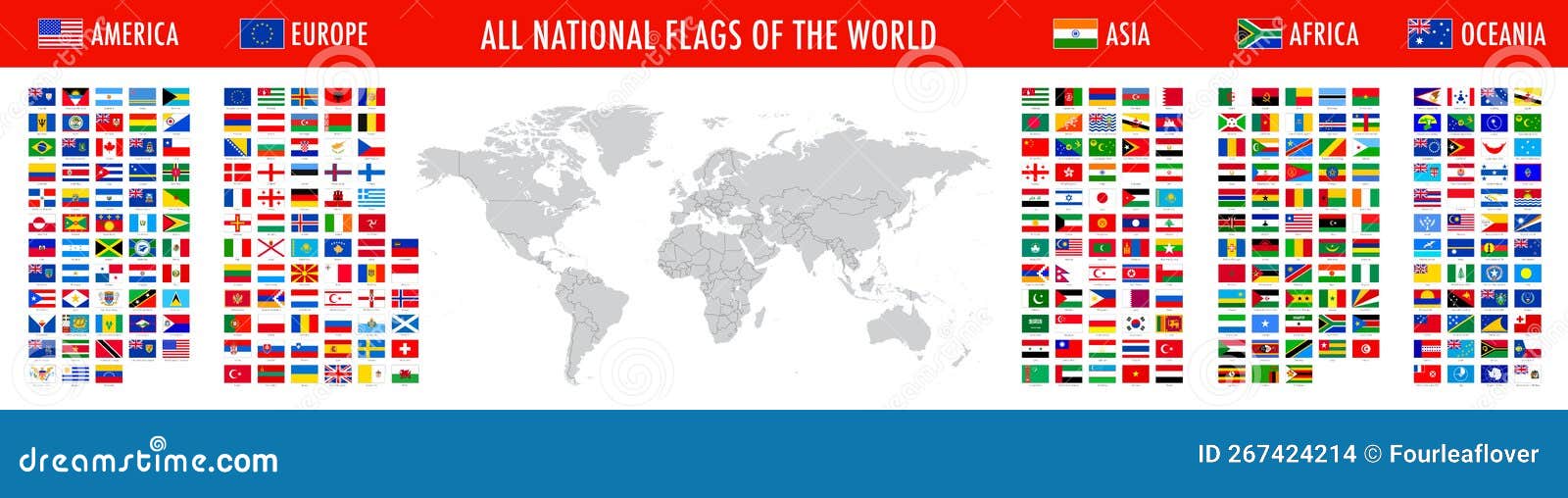 All World National Flags with a Full Vector World Map. Stock Vector - Illustration of earth ...