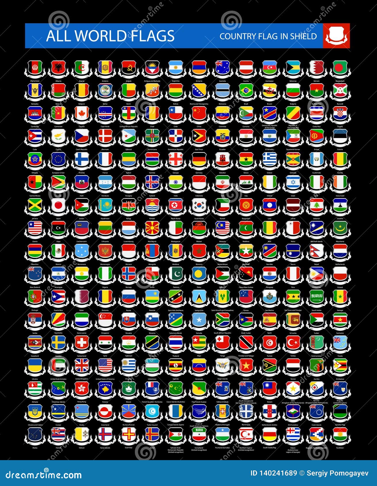 All World Shield Flags Isolated On Black Background Stock Illustration ...