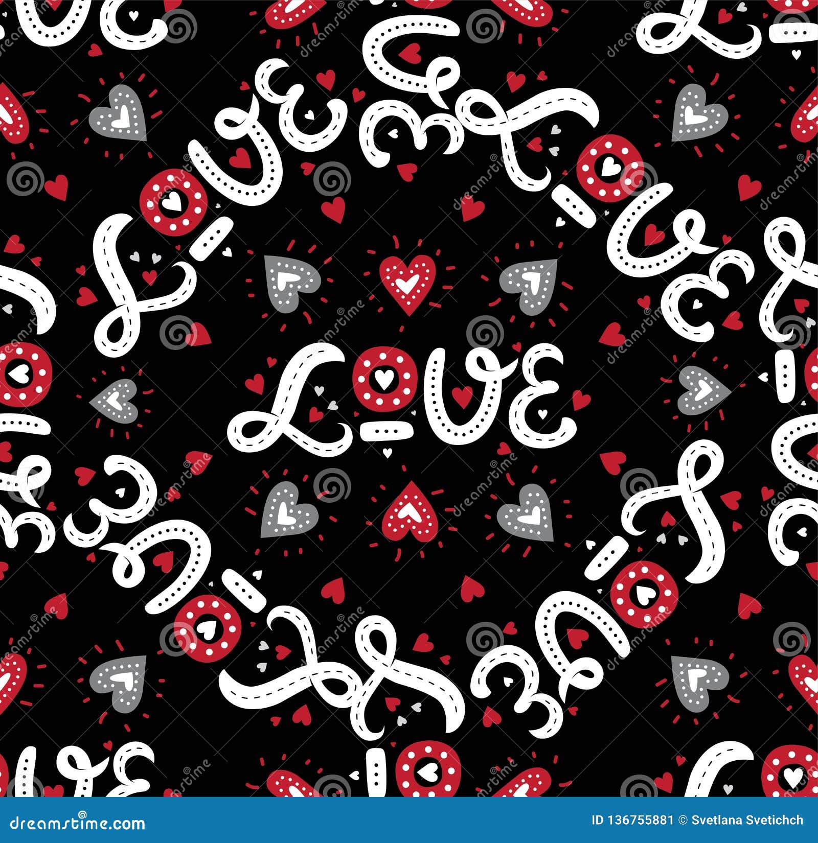 Seamless Pattern with Hand Drawn Letters Love Decorated with Hearts ...