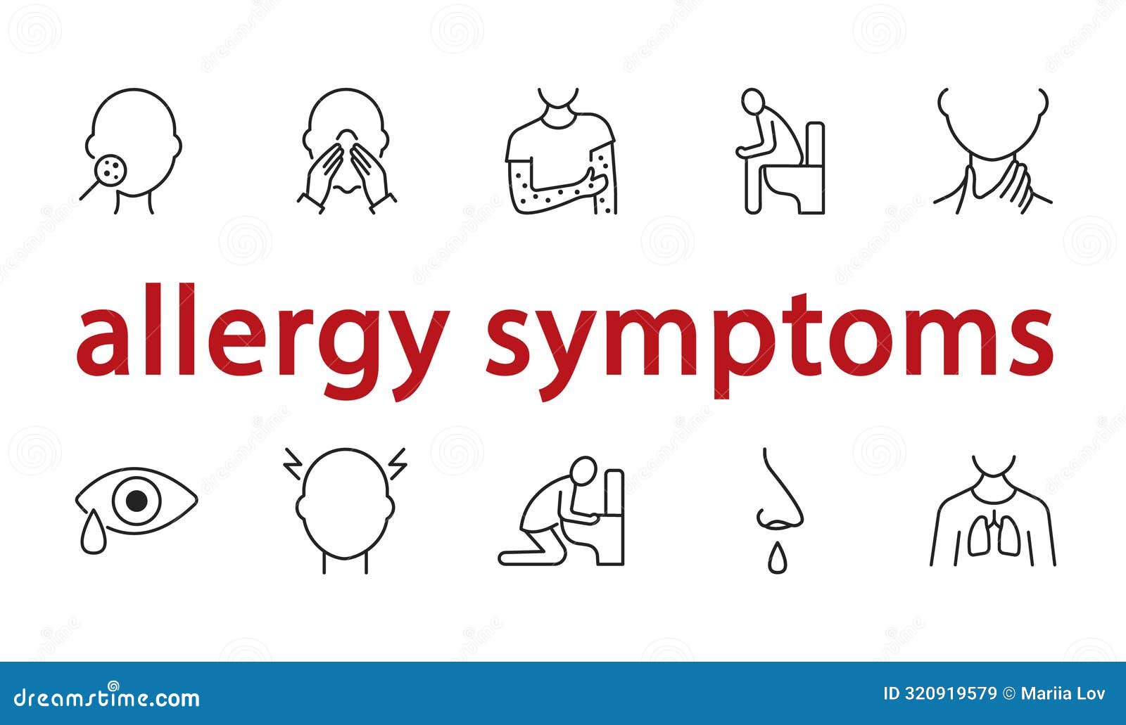 Allergy Symptoms Flat Line Icon Set. Rectangular Banner with Allergy ...