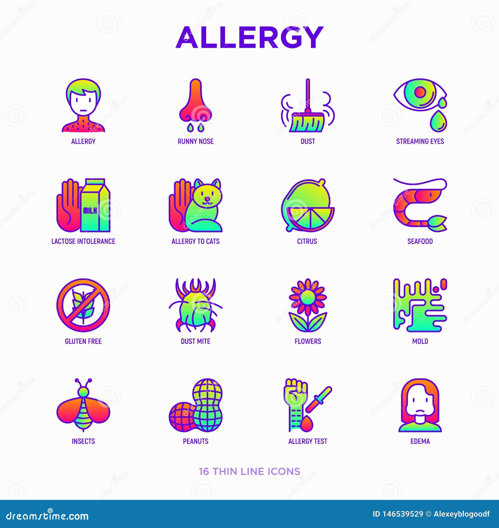 Allergy Thin Line Icons Set Runny Nose Dust Streaming Eyes Lactose