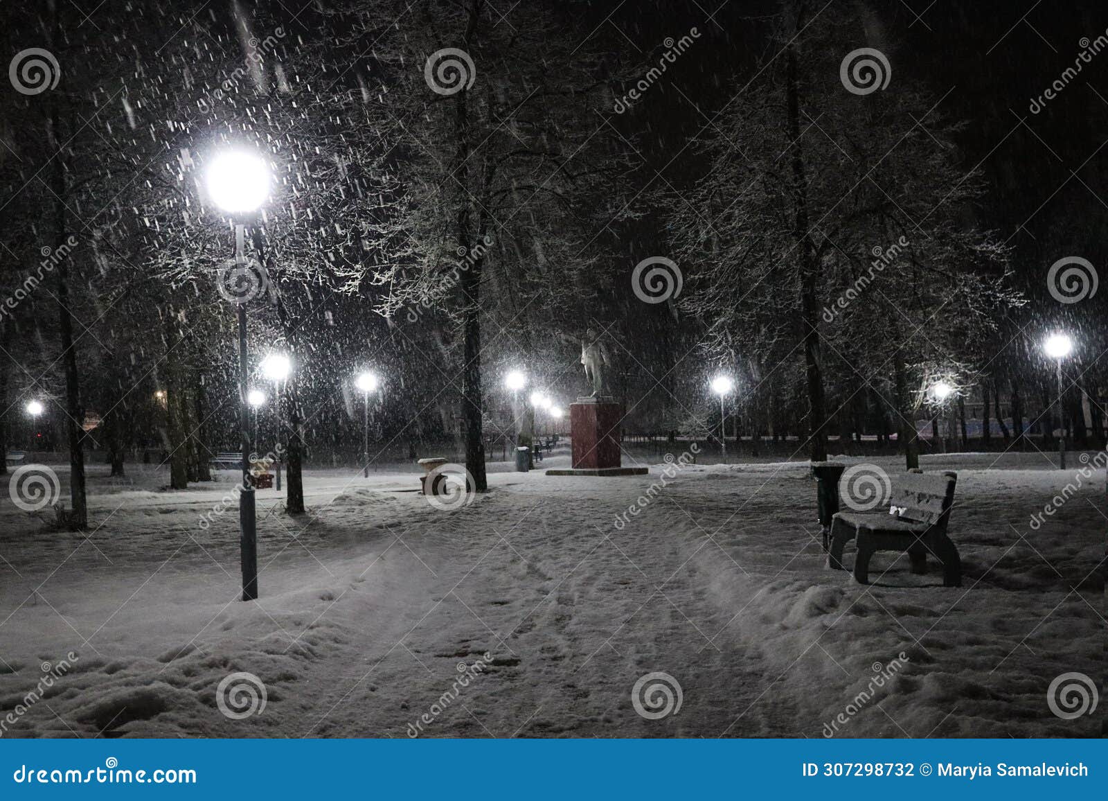 Alley of the Old Park on a Winter Evening during Snowfall Stock Photo ...