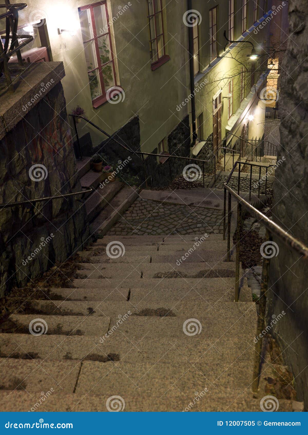 Alley with stairs at night stock image. Image of night - 12007505
