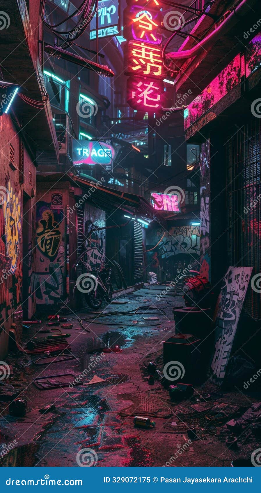 Alleyway with Graffiti and Neon Signs Stock Illustration - Illustration ...
