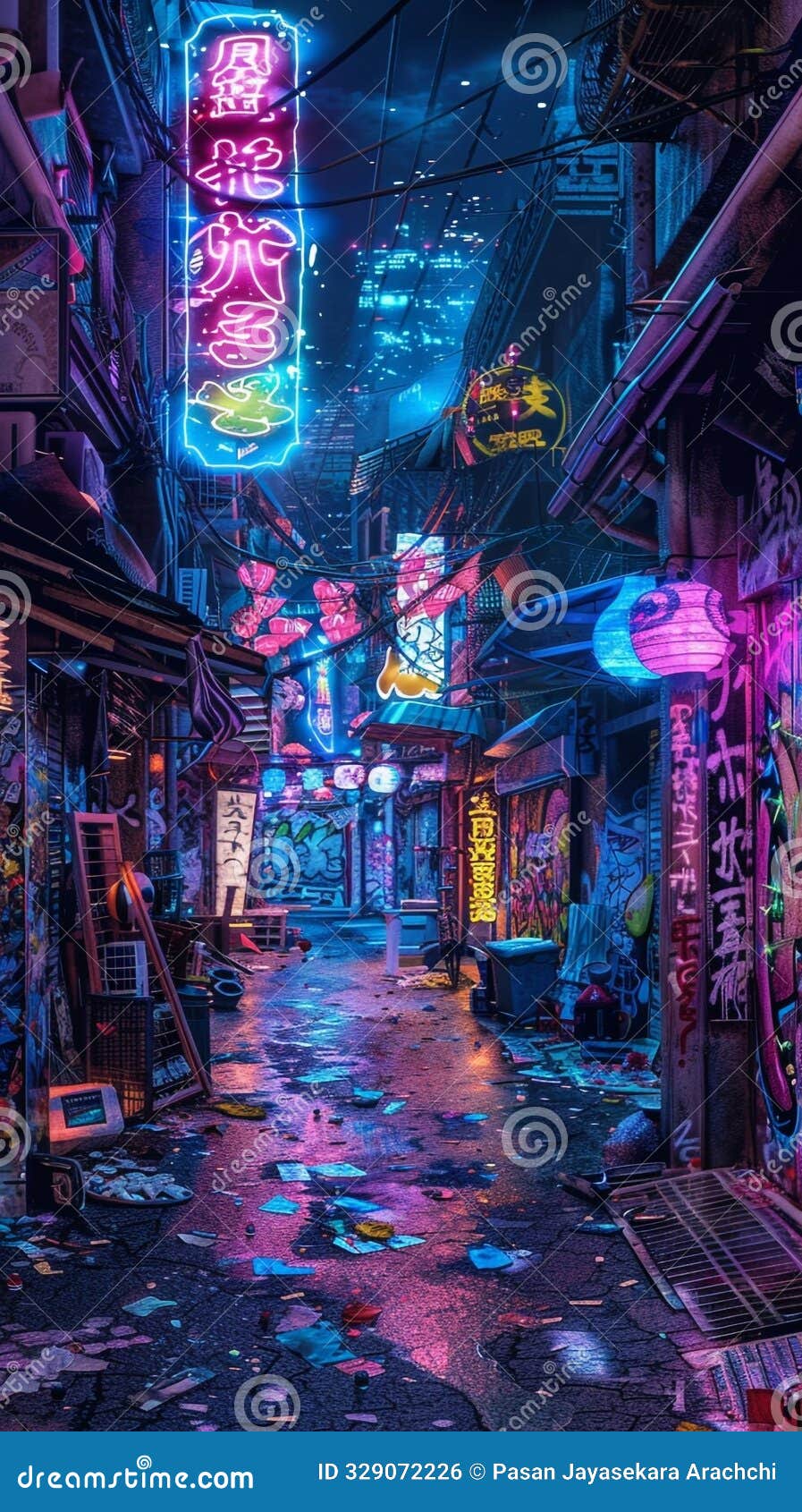 Alleyway with Graffiti and Neon Signs Stock Illustration - Illustration ...