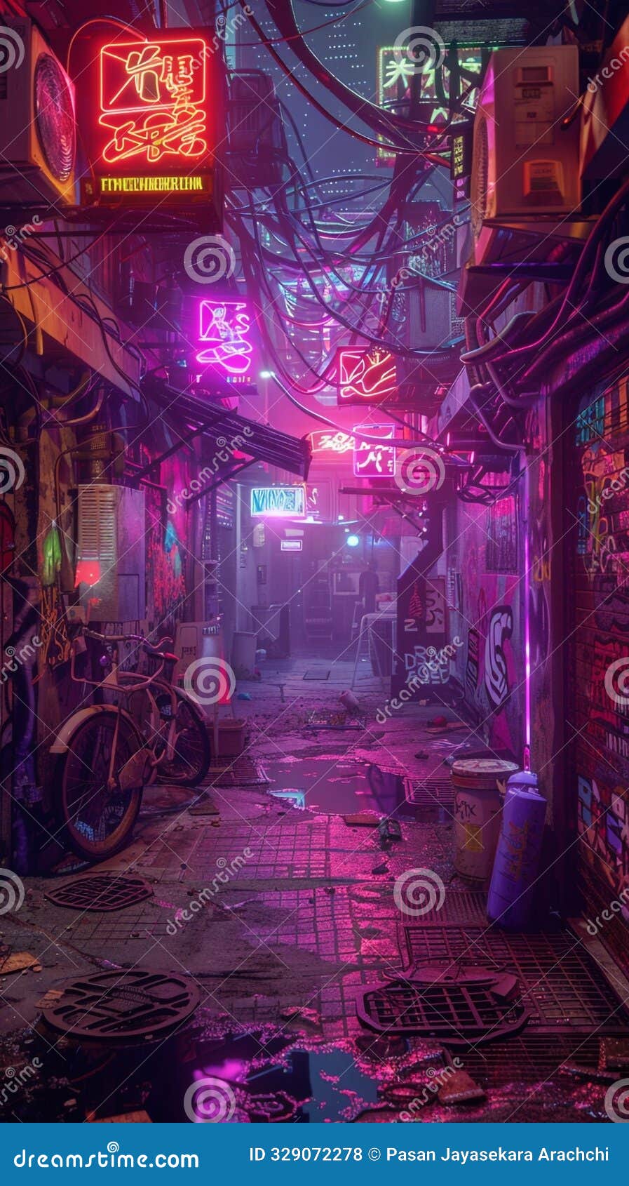 Alleyway with Graffiti and Neon Signs Stock Illustration - Illustration ...