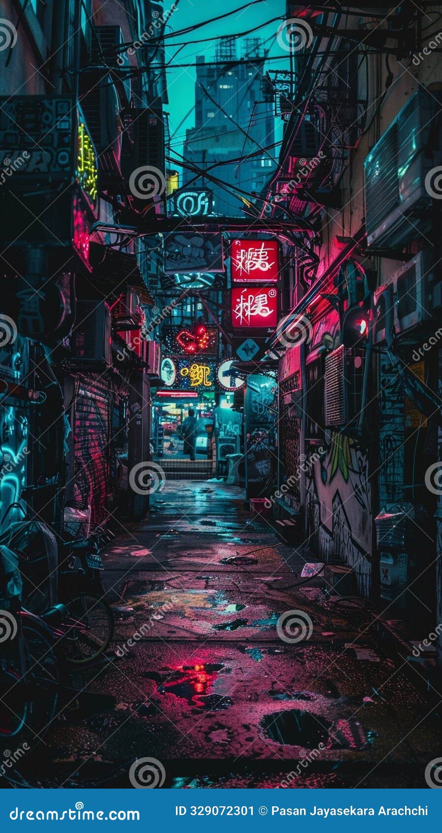 Alleyway with Graffiti and Neon Signs Stock Illustration - Illustration ...