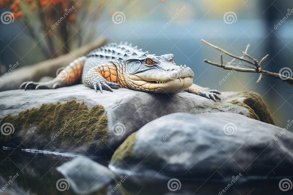 Alligator Lying on Rocks beside River Stock Image - Image of area ...