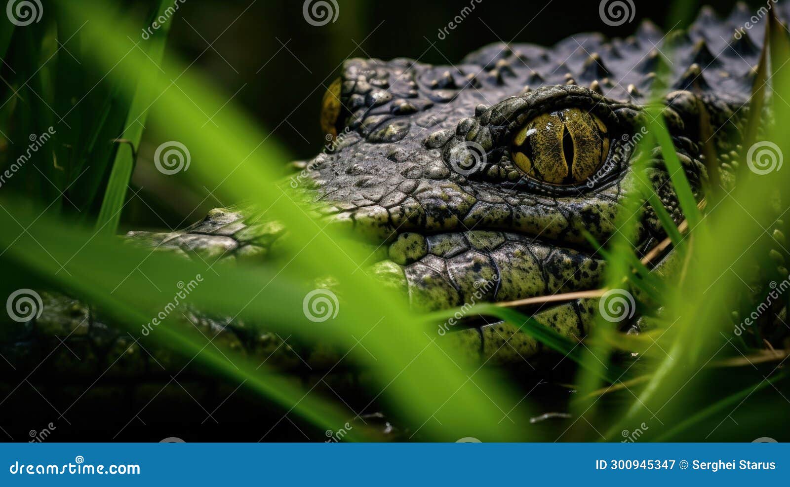 An Alligator with Yellow Eyes in the Grass and Leaves, AI Stock Image ...