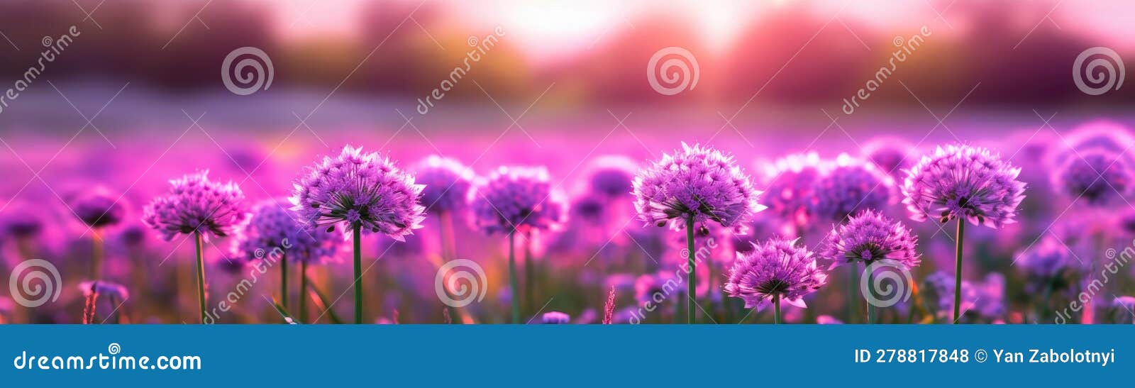 Alliums Field Blurred Sunrise Banner Background. Generative AI Stock ...