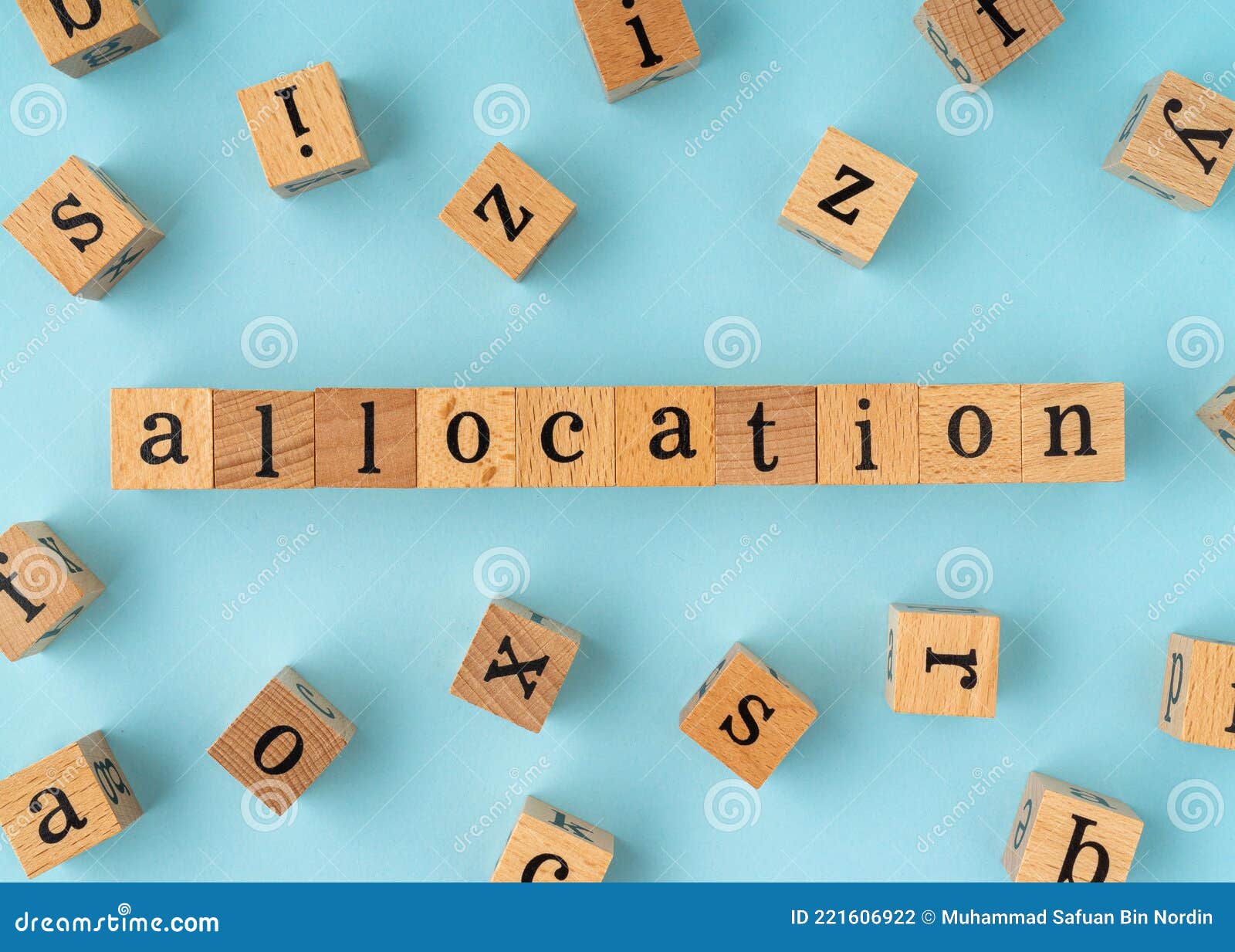Allocation Word on Wooden Block. Flat Lay View on Blue Background Stock ...