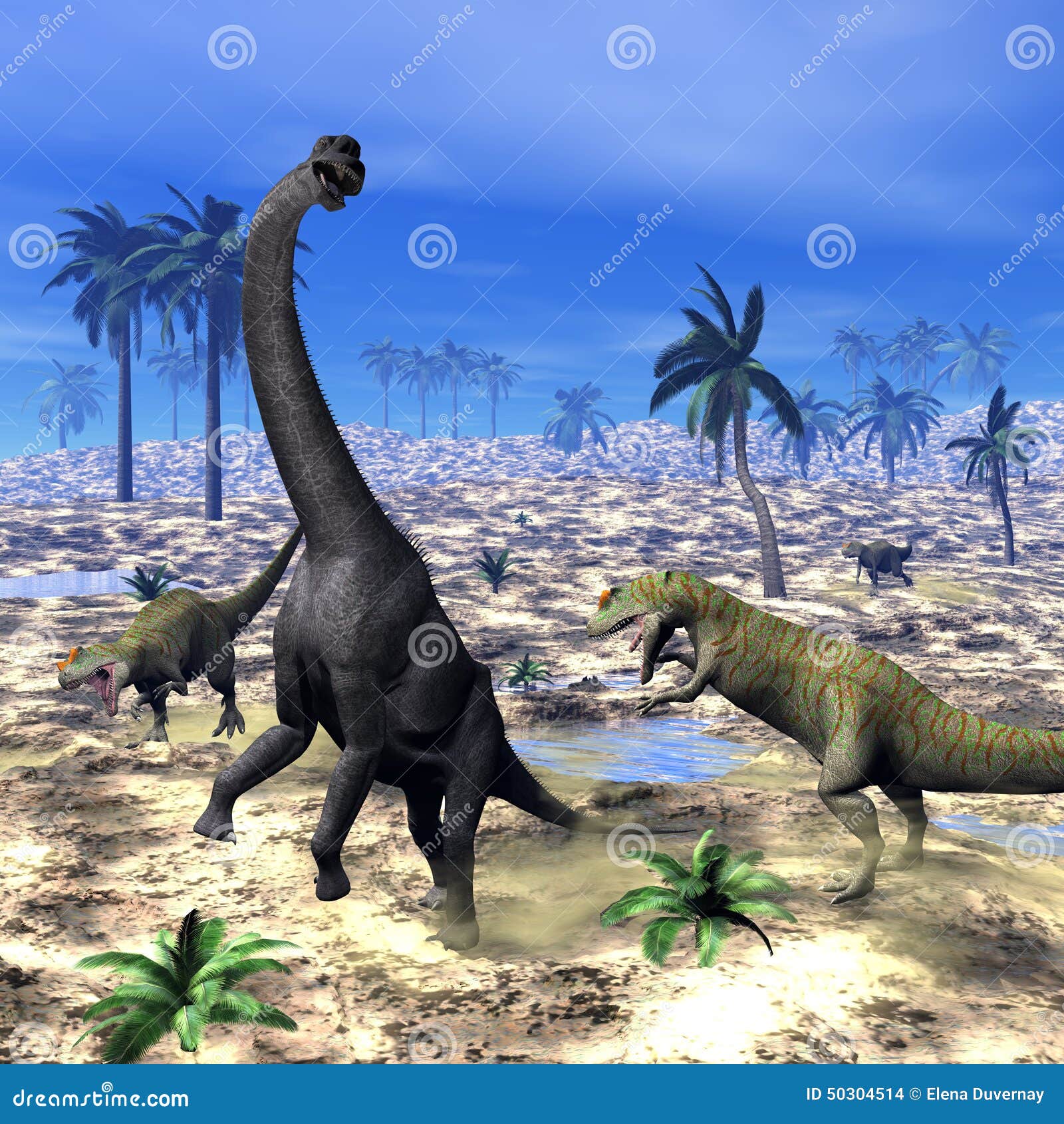 Allosaurus Attacking Brachiosaurus Dinosaur - 3D Stock Illustration ...