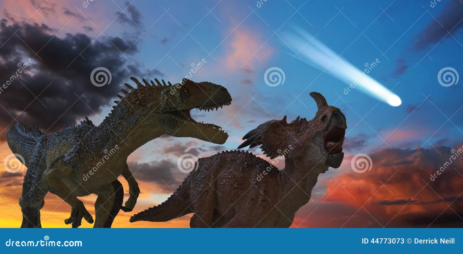 Allosaurus and Styracosaurus Battle As the Comet Approaches Stock ...