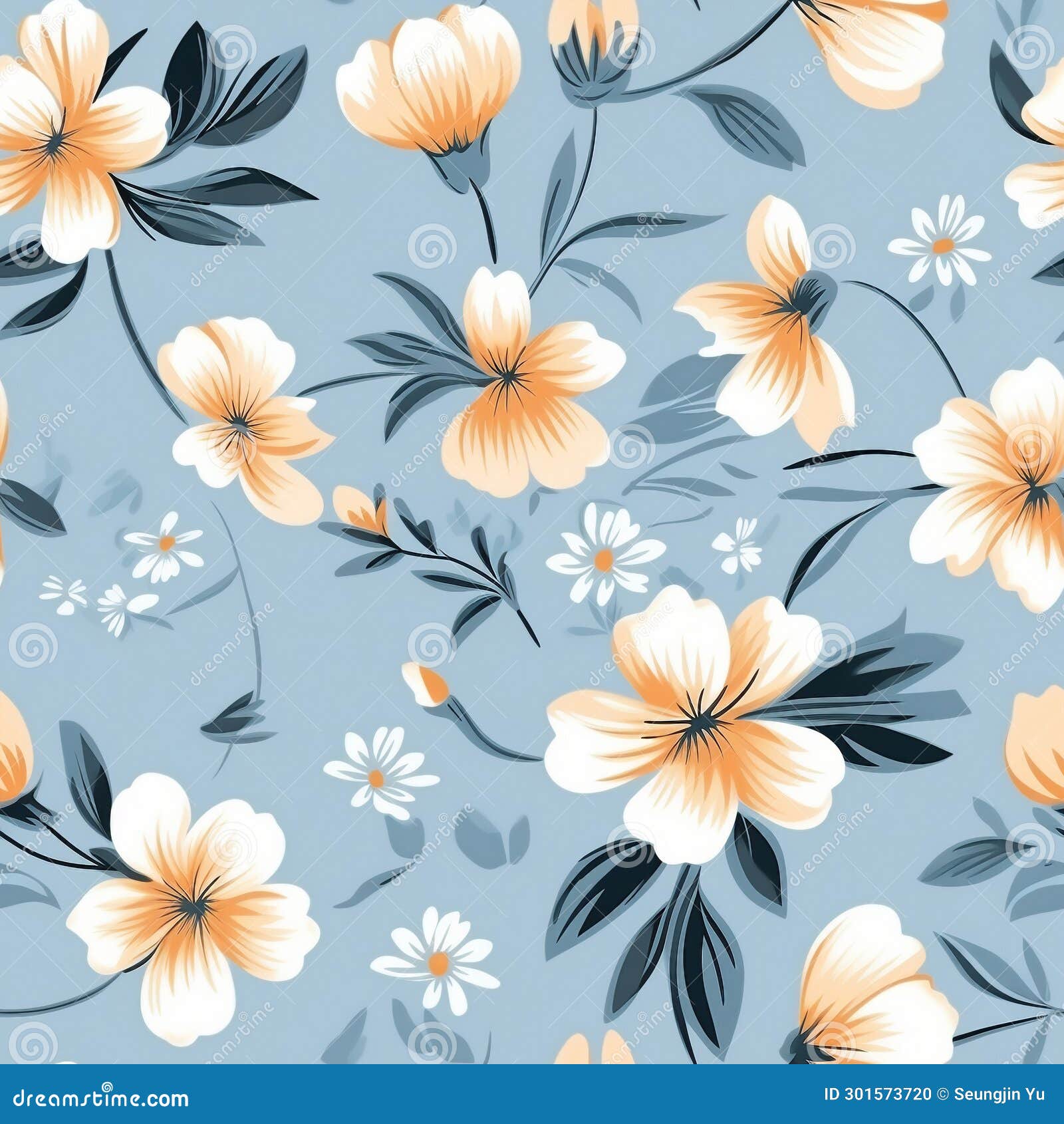 Allover Vector Flowers Pattern on Blue Background. Stock Illustration ...