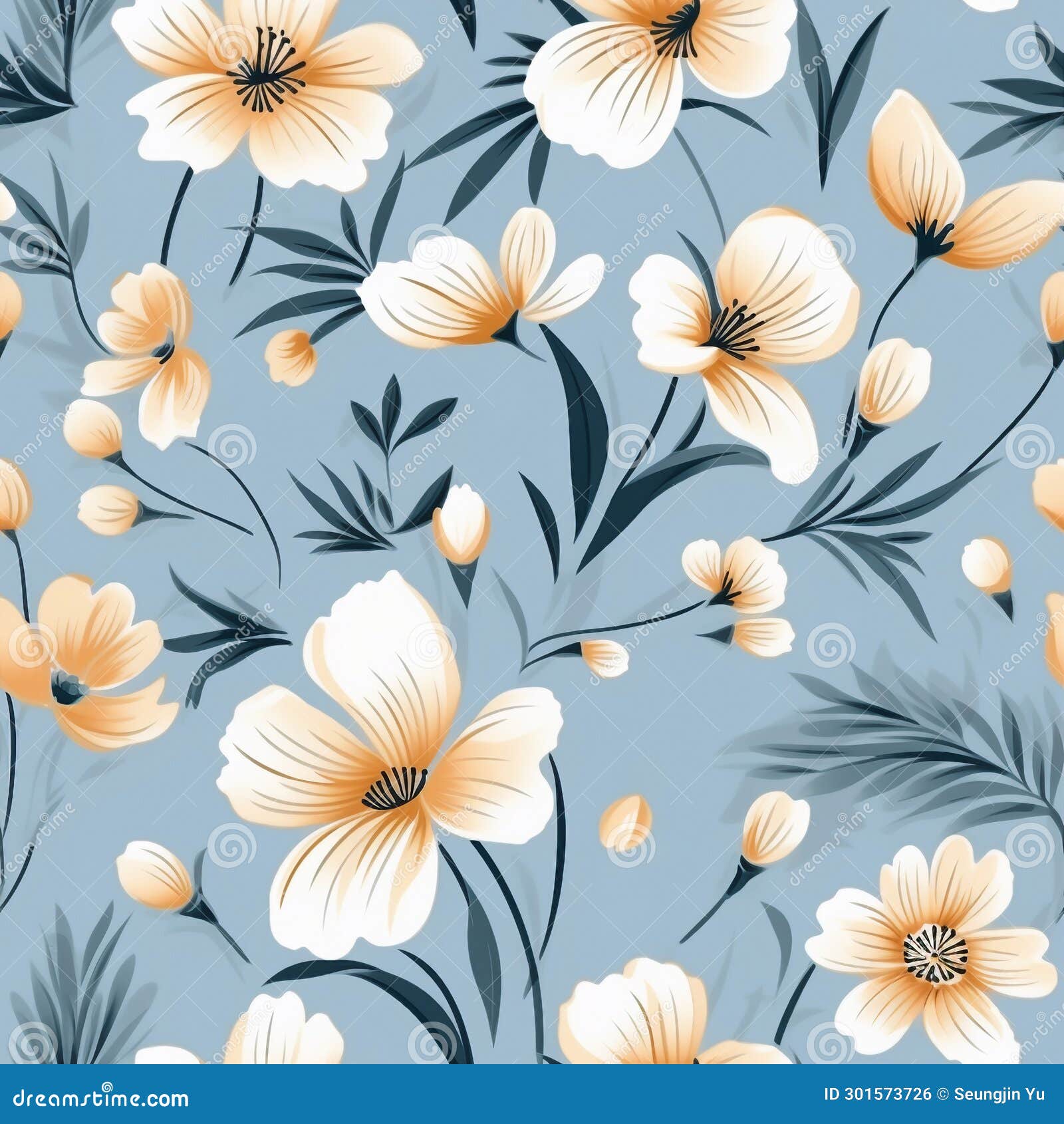 Allover Vector Flowers Pattern on Blue Background. Stock Illustration ...
