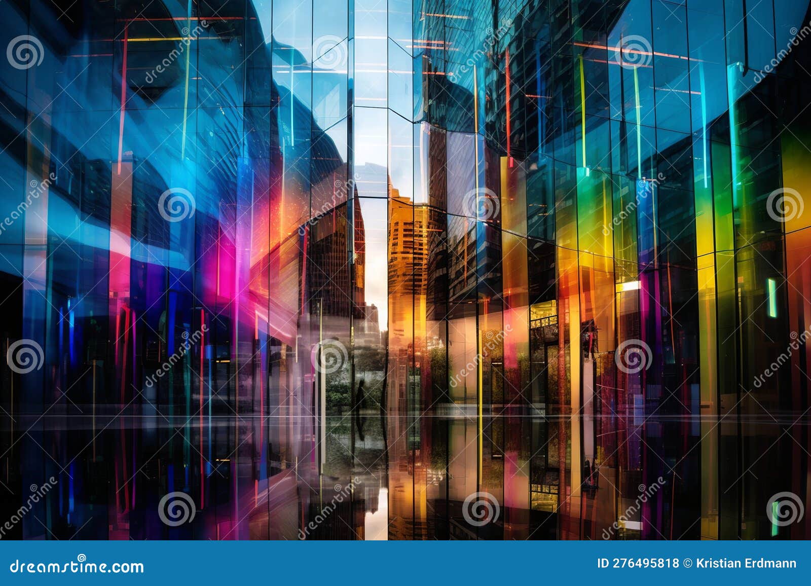Dreamlike Cityscape Reflection on Glass Building Facade Stock ...