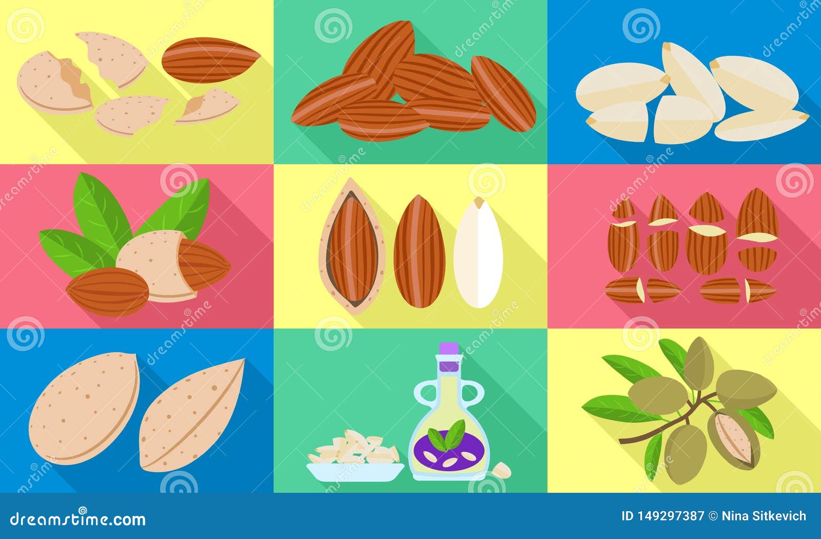 Almond Icons Set, Flat Style Stock Vector - Illustration of almonds ...
