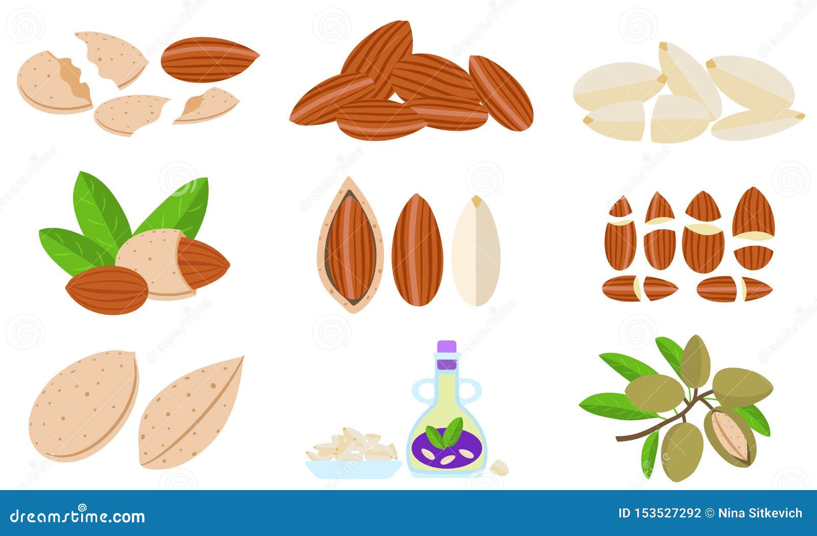 Almond Icons Set, Flat Style Stock Vector - Illustration of plant, diet ...