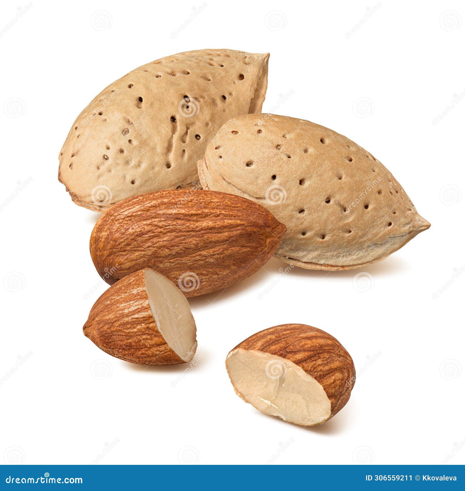 Almond Nuts in Shells in Small Piles Isolated on White Background Stock ...