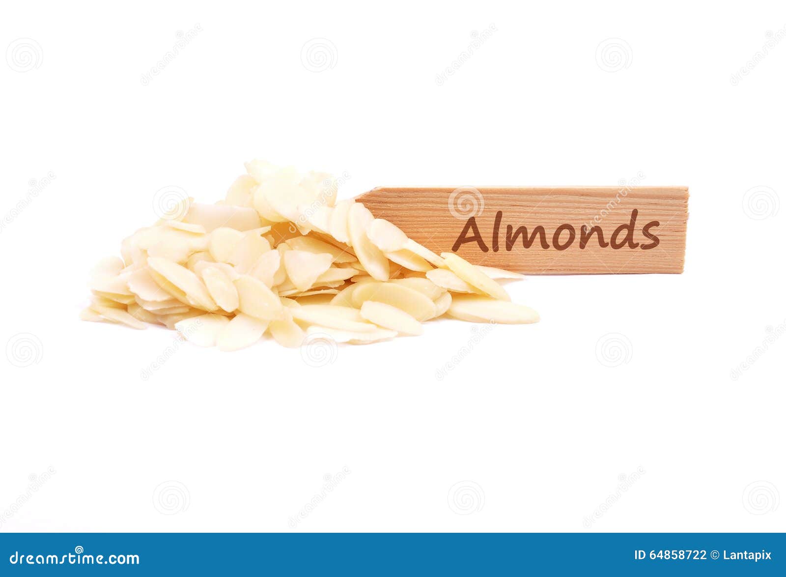 Almond slices on plate stock photo. Image of script, brown - 64858722