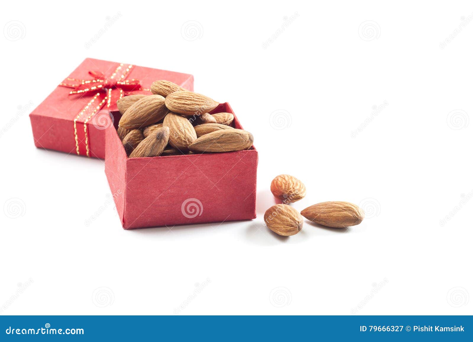 Almonds,almond Group, Almonds in Red Gift Box on Over White Back. Stock ...