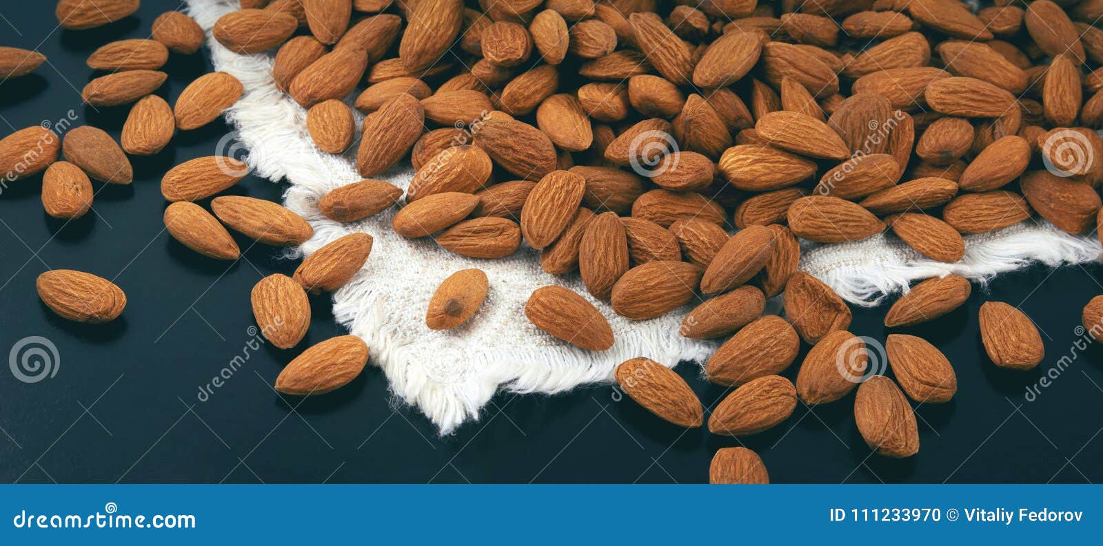 Almonds on Blue Background. Panorama. Stock Photo - Image of text, side ...
