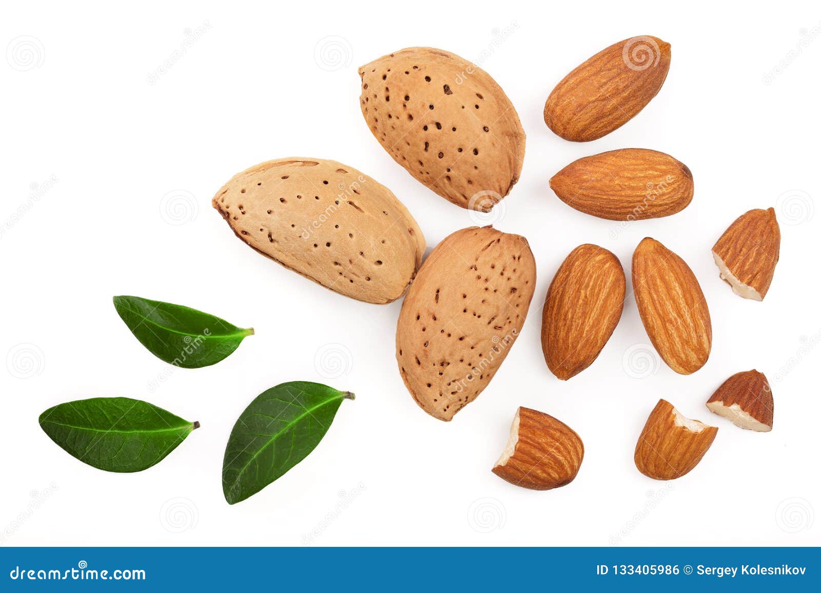 Almonds with Leaves Isolated on White Background. Flat Lay Pattern ...