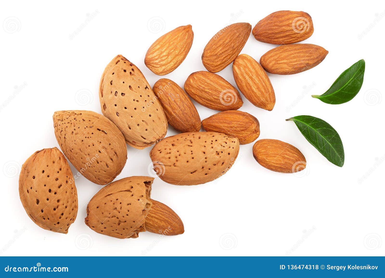 Almonds with Leaves Isolated on White Background. Flat Lay Pattern ...