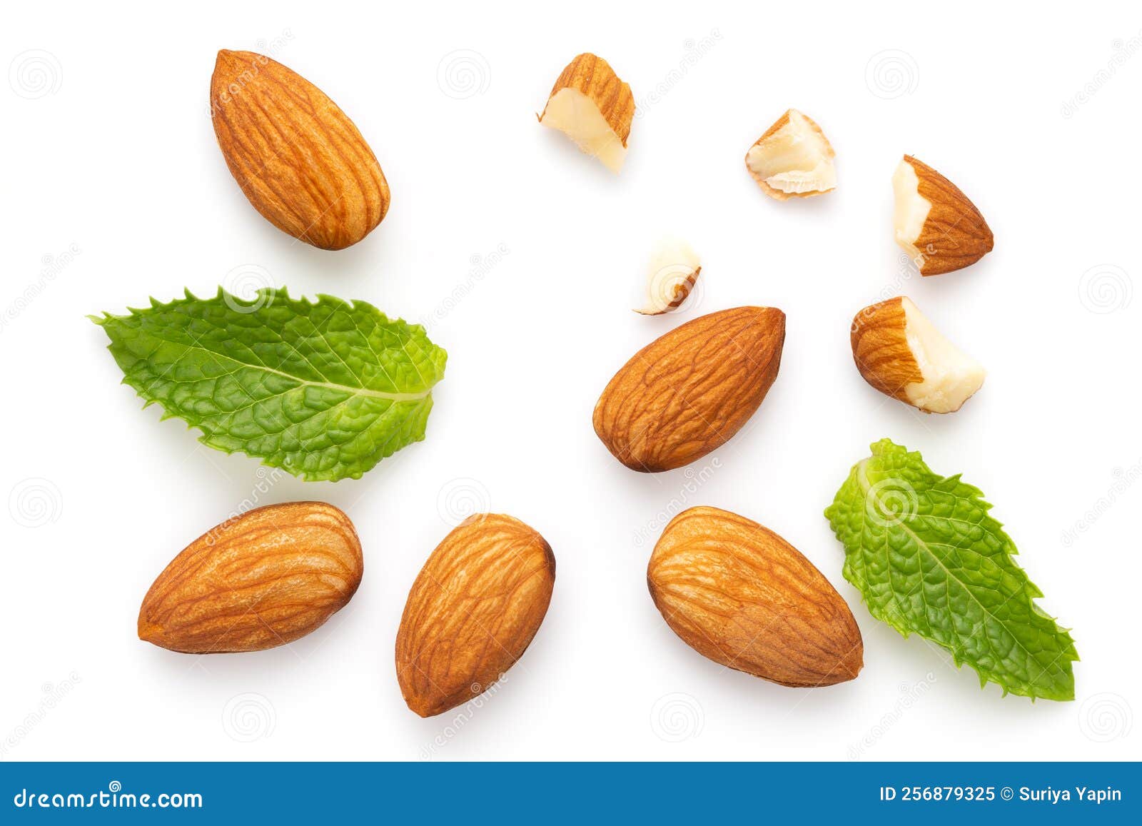 Almonds and Mint Leaves Isolated on White Background Stock Image ...