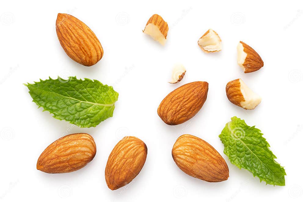 Almonds and Mint Leaves Isolated on White Background Stock Image ...