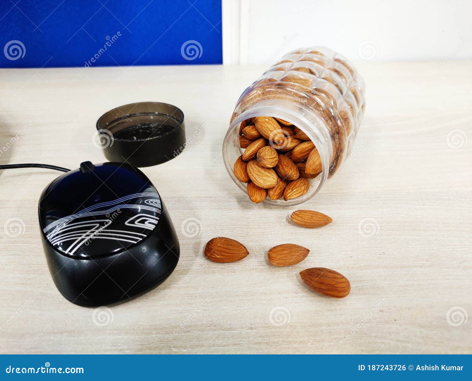 Almonds Nut on Office Table and in Transparent Box for Healthy Snacks ...