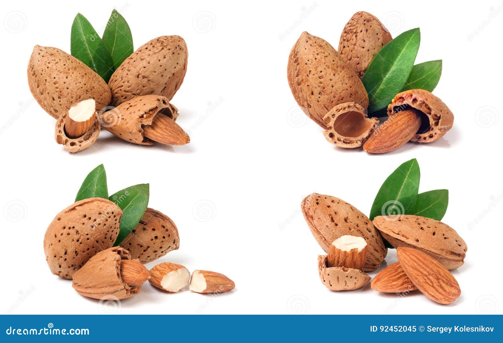 Almonds in Their Skins and Peeled with Leaf Isolated on White ...