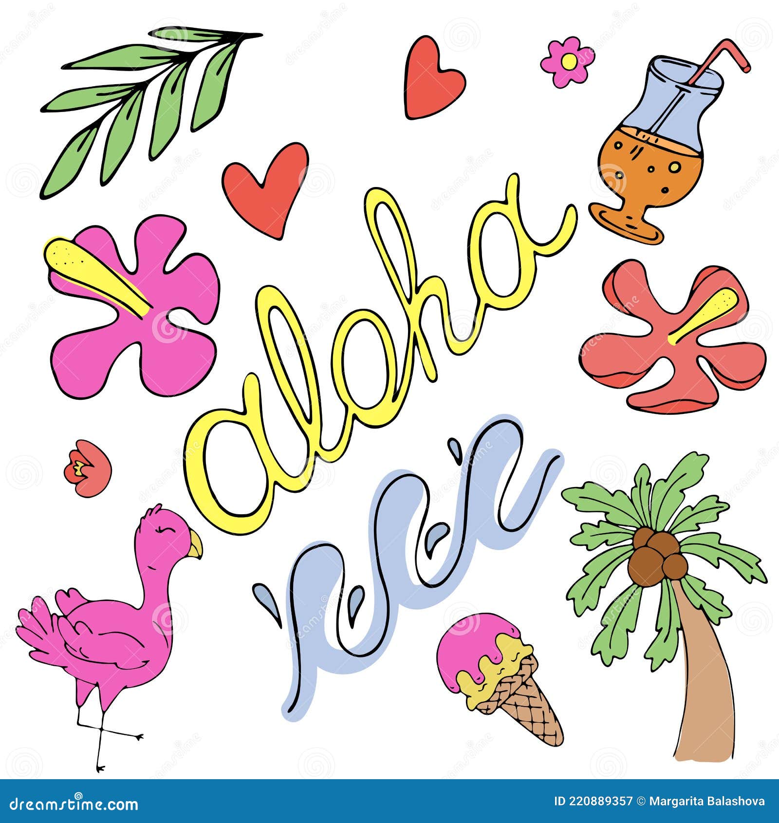 Aloha, Flowers, Palms, Waves, Vector Set of Colored Doodle Elements ...