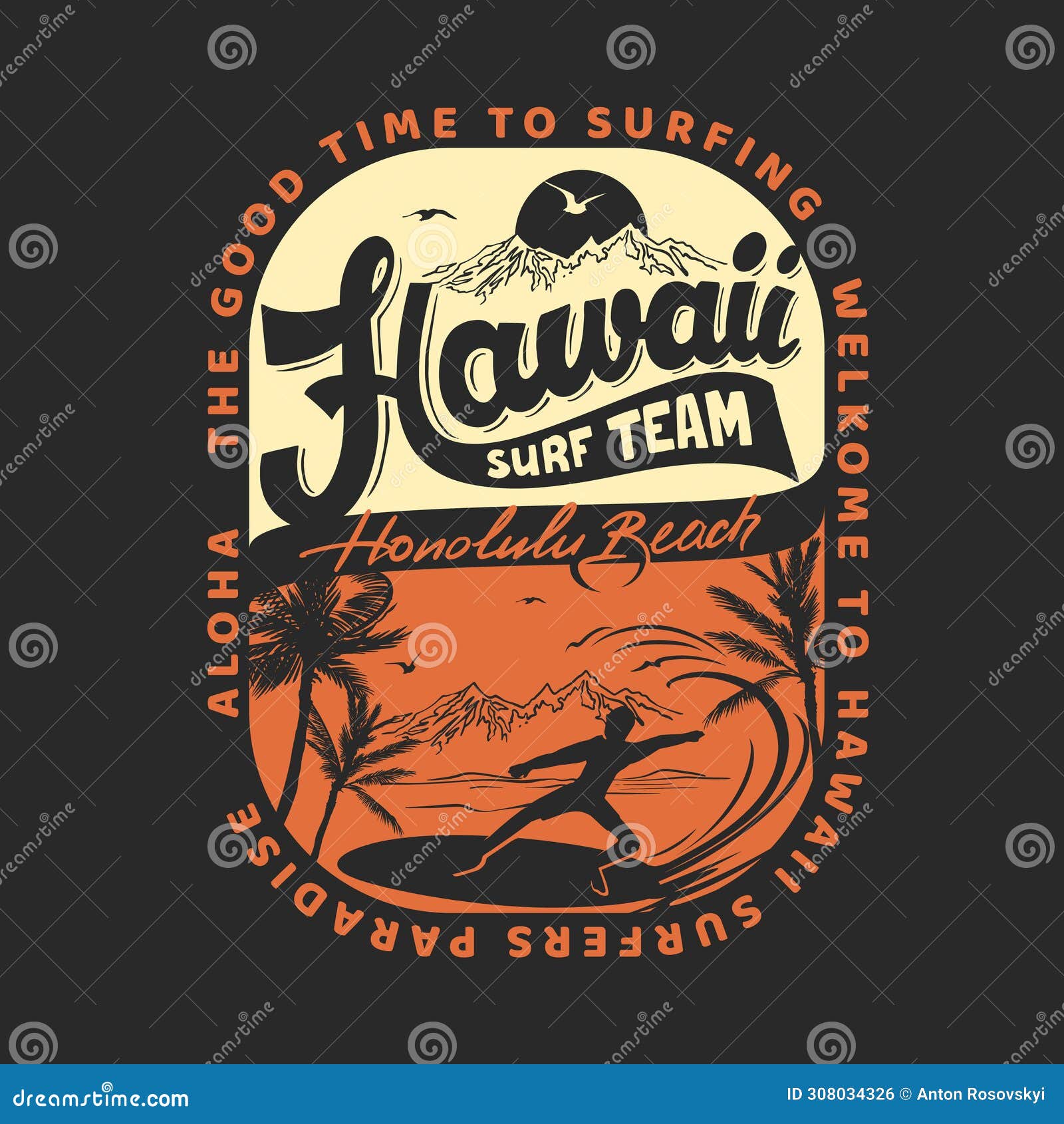 Aloha Hawaii Waves Surfing Vector Illustration, T-shirt Graphics Stock ...