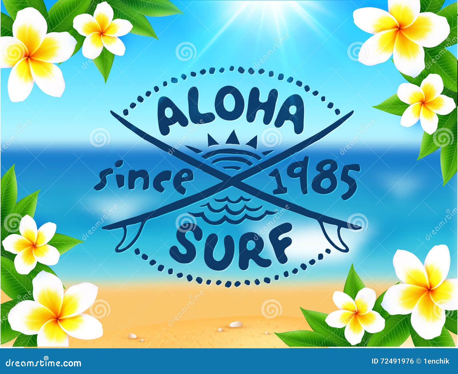 Aloha Surf Vector Logo Template on Blurred Ocean Waves and Frangipani ...