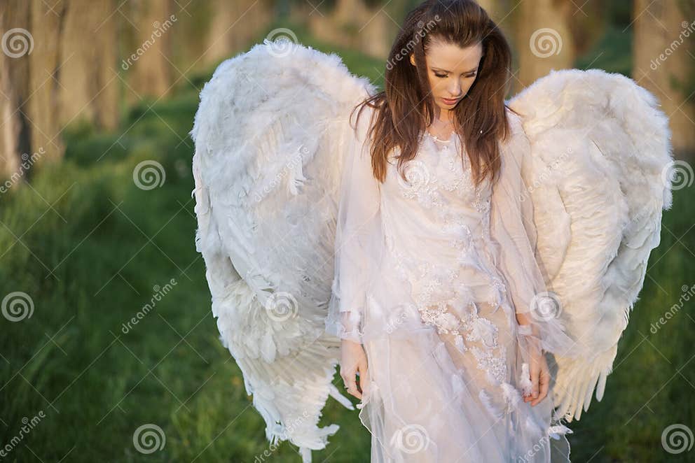 Alone Angel Walking in the Forest Stock Image - Image of glamour ...