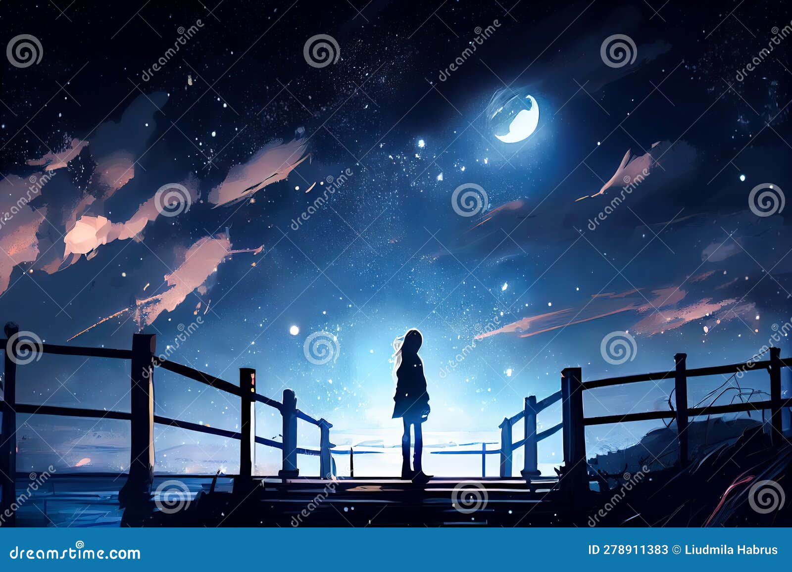Alone Anime Girl in the Night Sky. Generative AI, Generative, AI Stock ...