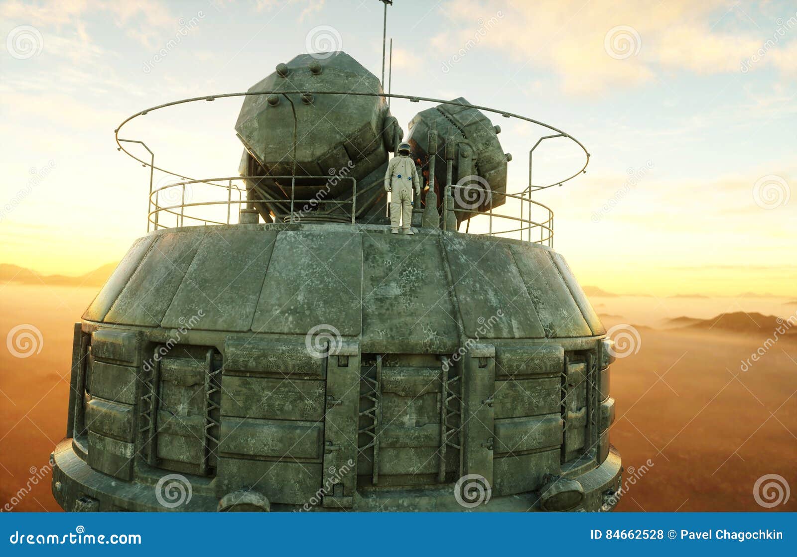 Alone Astronaut on Alien Planet. Martian on Metal Base. Future Concept ...