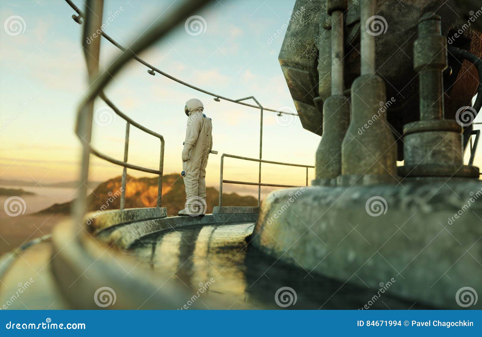 Alone Astronaut on Alien Planet. Martian on Metal Base. Future Concept ...