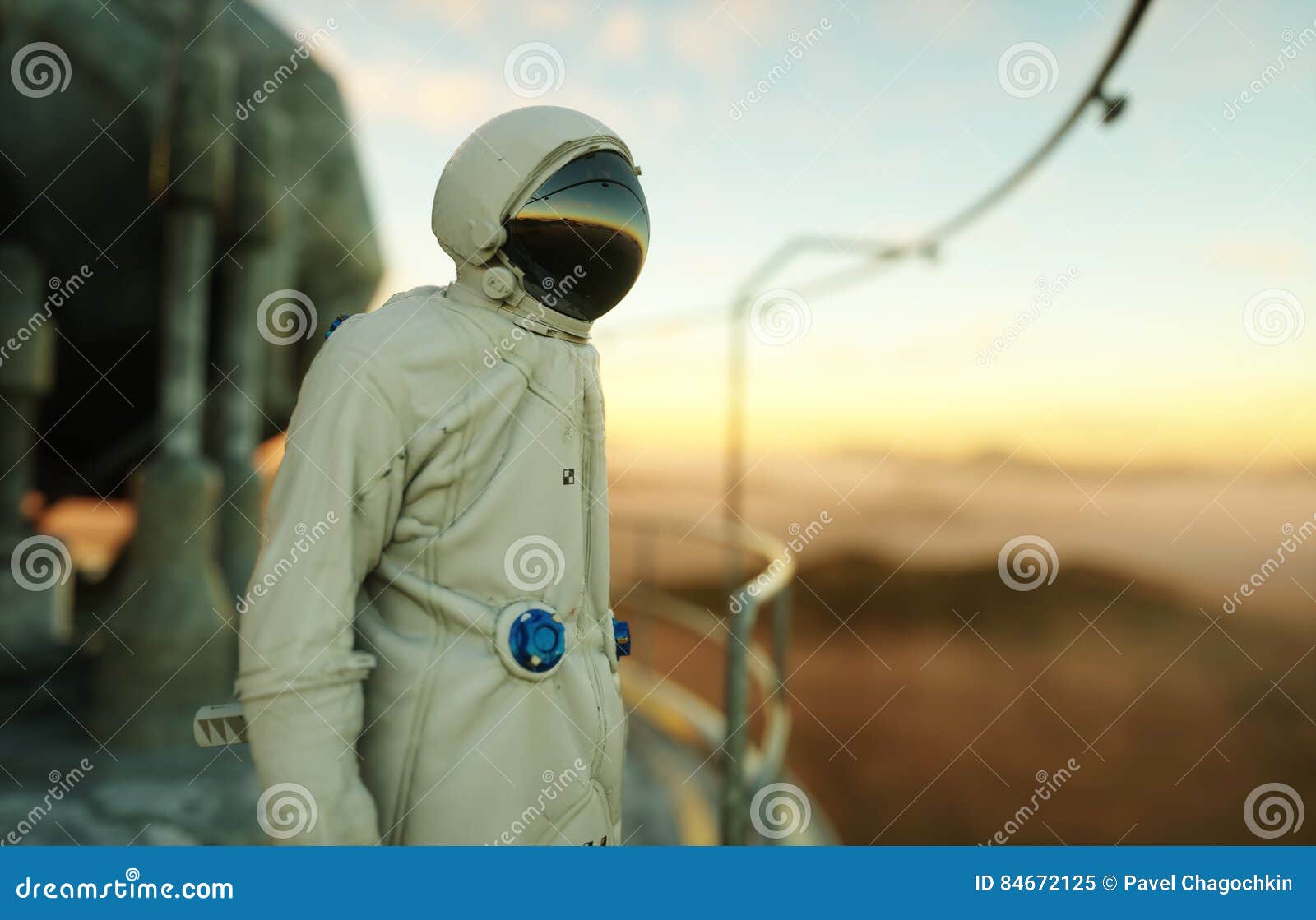 Alone Astronaut on Alien Planet. Martian on Metal Base. Future Concept ...