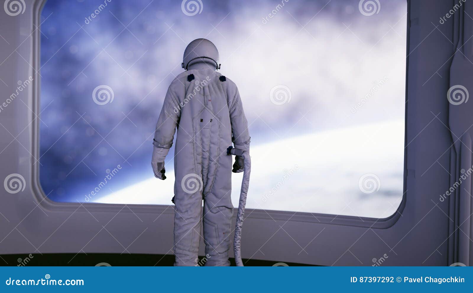 Alone Astronaut In Futuristic Interior. Sci Fi Room View Of The Earth ...