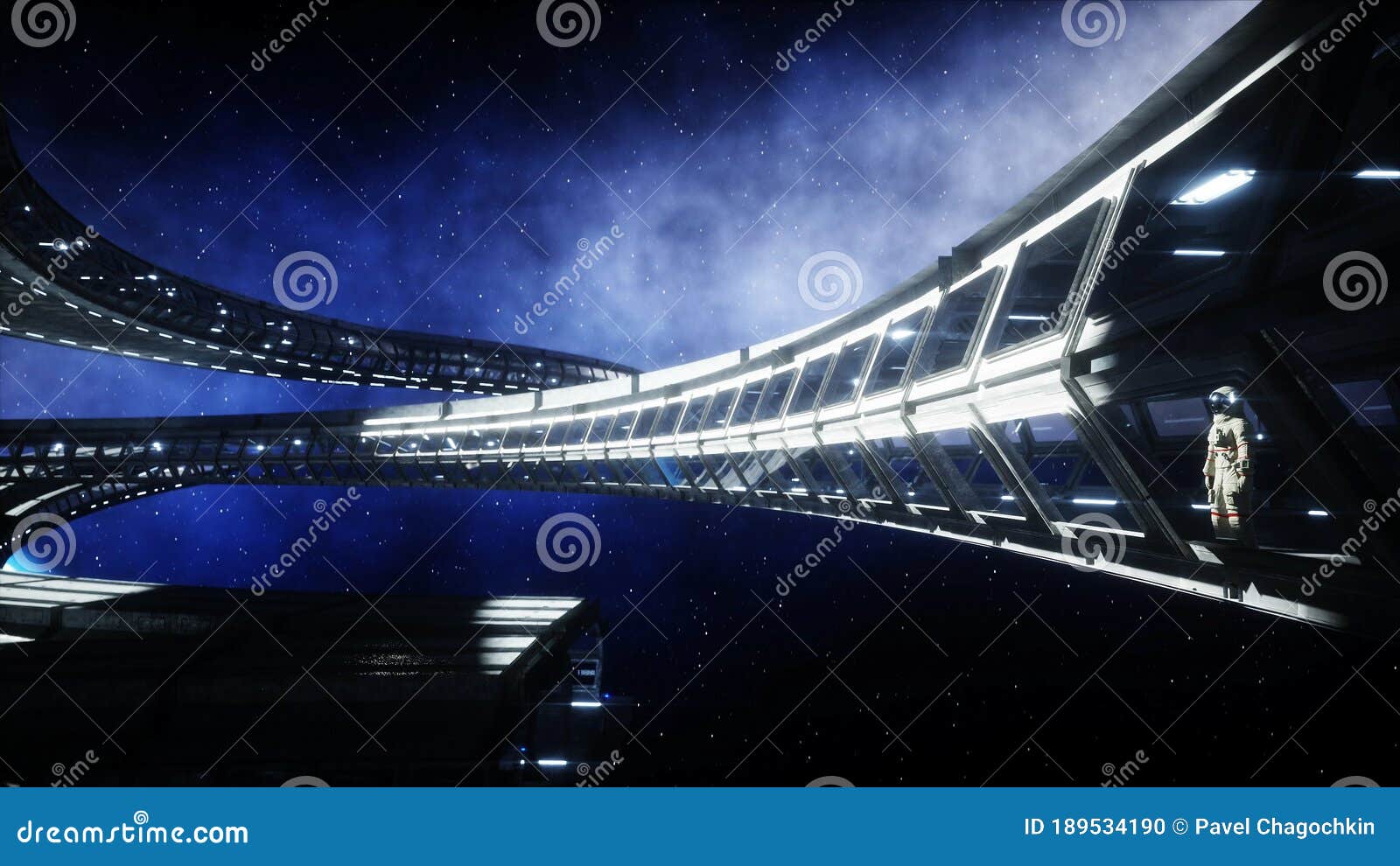 Alone Astronaut in Futuristic Space Corridor, Room. View of the Earth ...