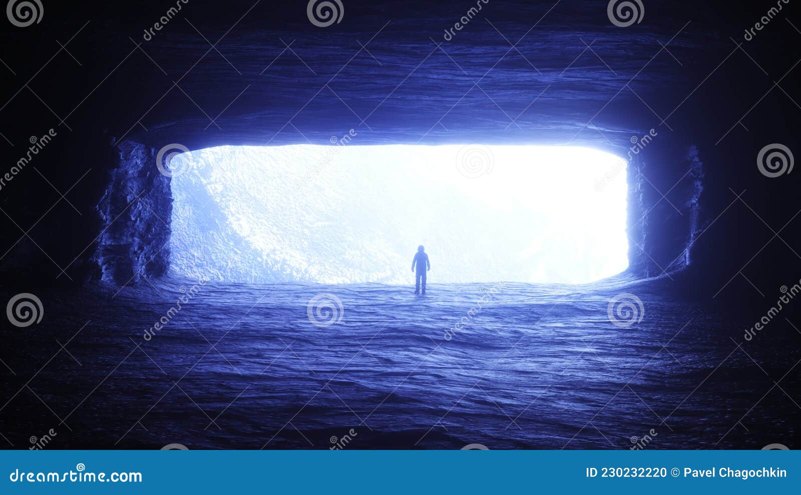 Alone Astronaut in Space Rock Cave. Space View. 3d Rendering. Stock ...