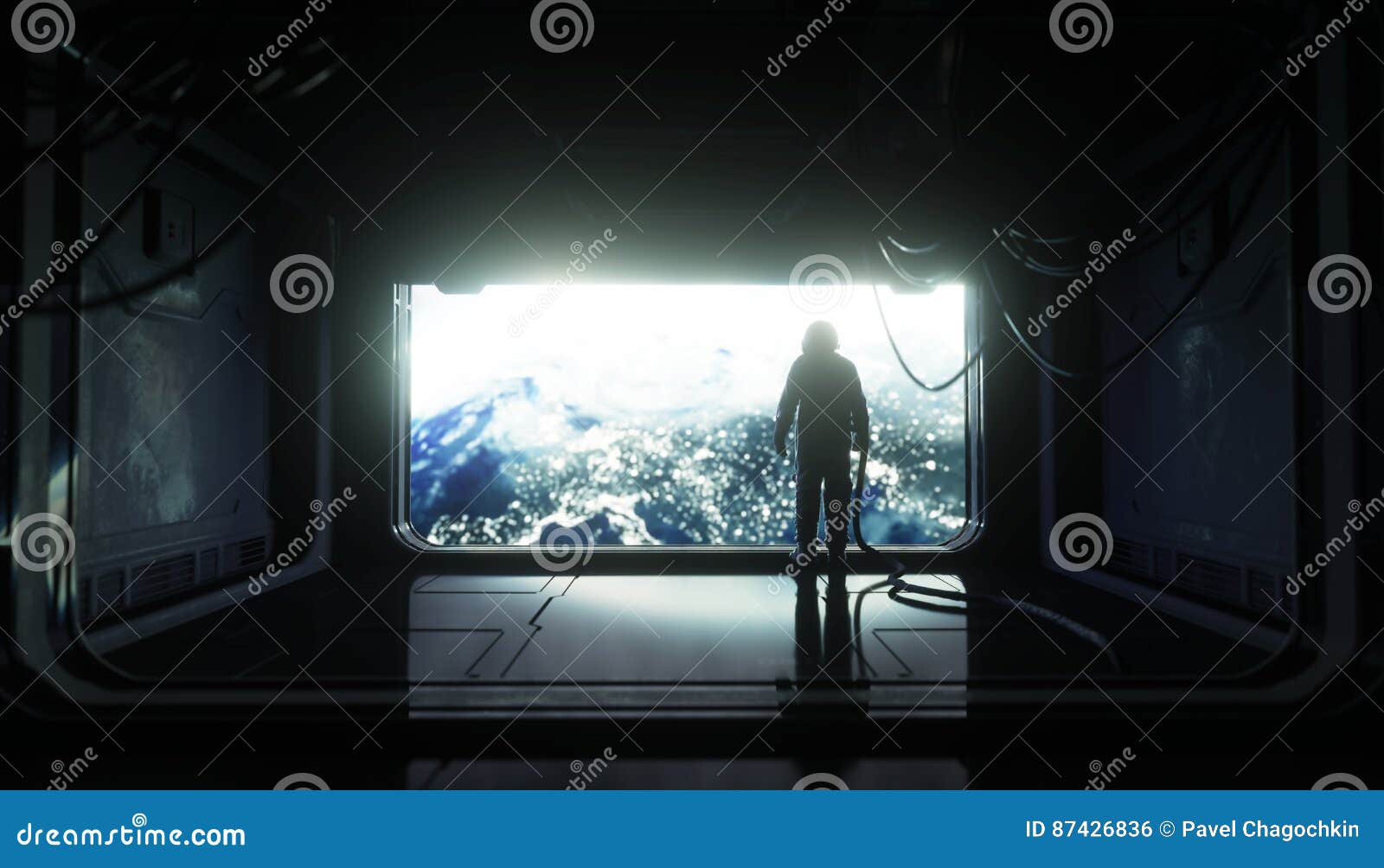 Alone Astronaut in Space. Sci Fi Futuristic Corridor. View of the Earth ...