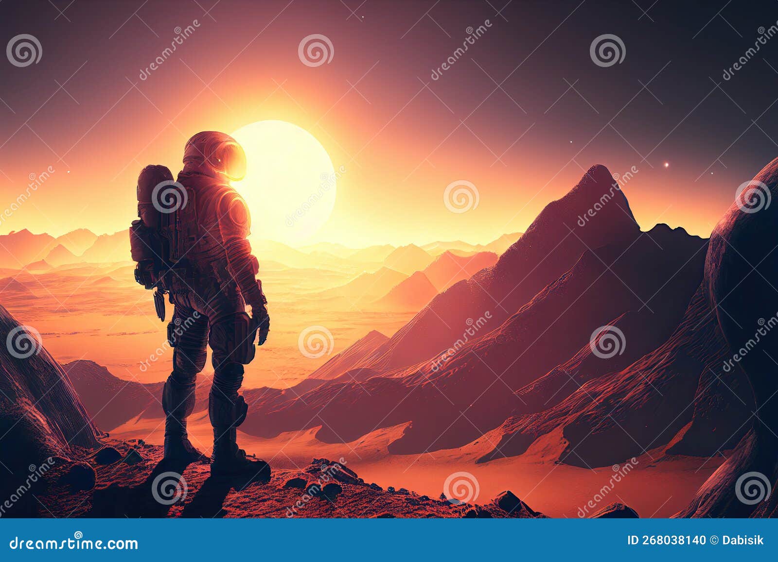 Alone Astronaut in Space Suit on Surface of Red Planet. Space ...