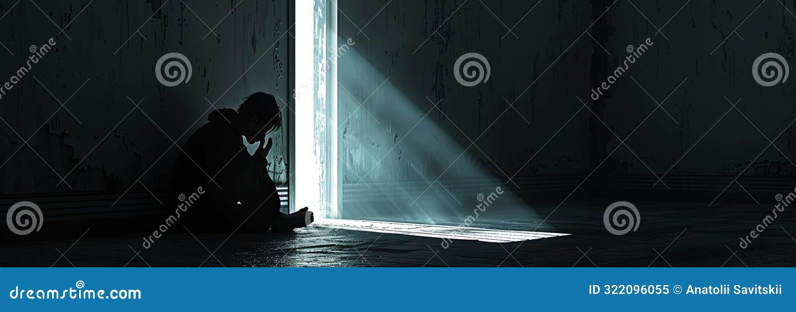 Alone in a Dark Room, Lit by a Single Beam of Light from a Window. Face ...