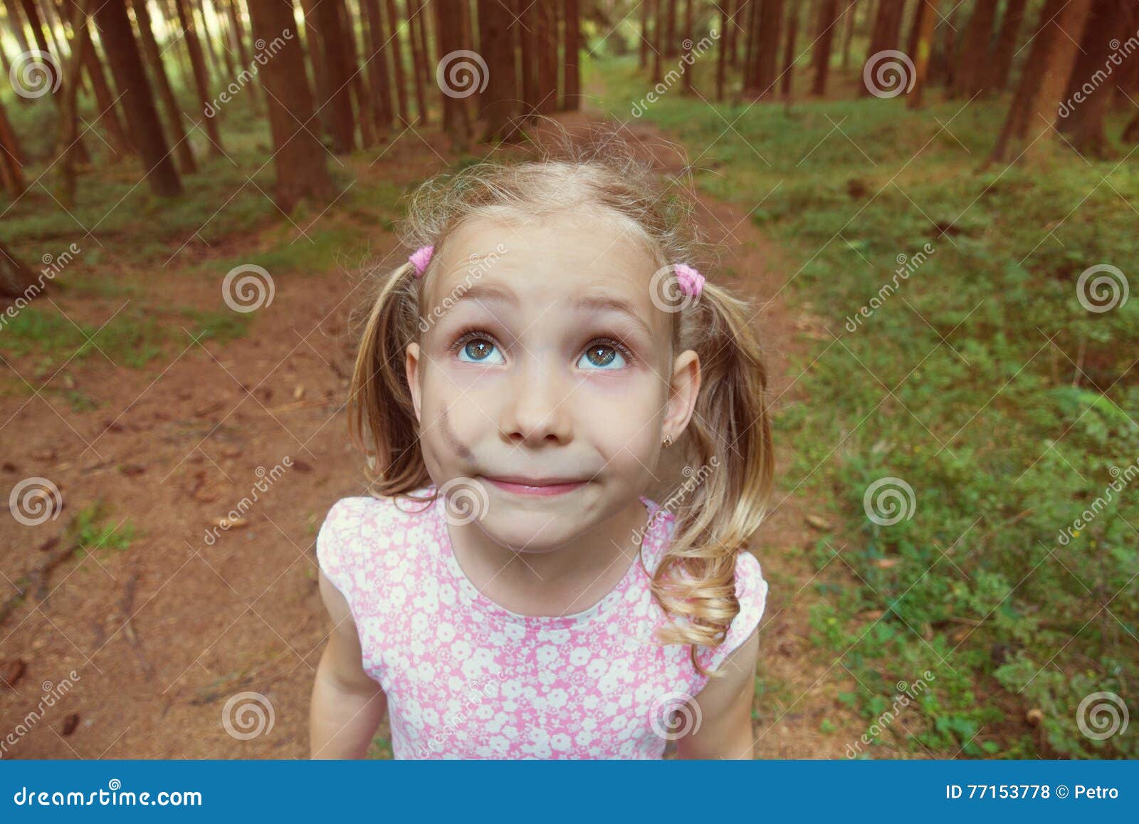 Alone Little Girl is Afraid in Dark Forest. Closeup Stock Photo - Image ...