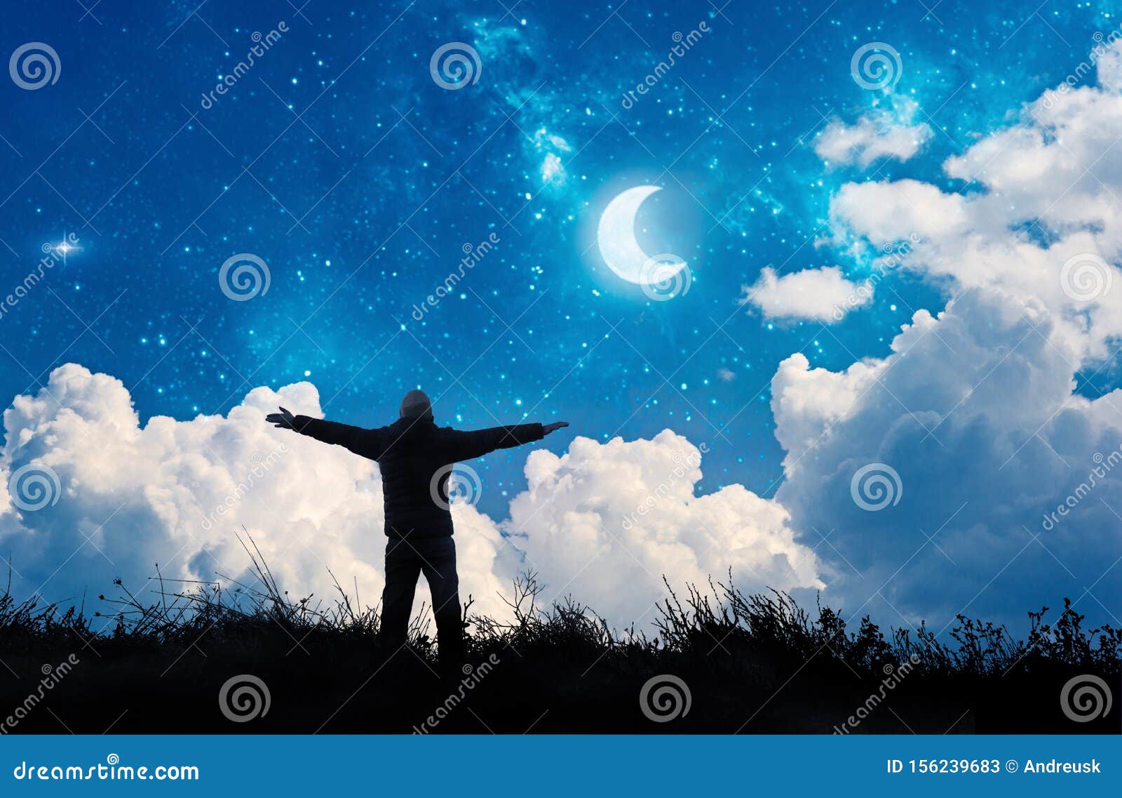 Alone Man Watching the Stars and Moon Stock Image - Image of silhouette ...