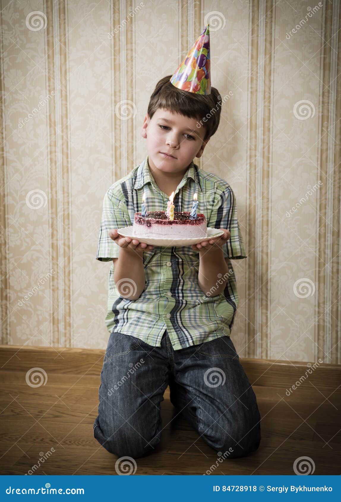 Alone Sad Boy with Birthday Cake on the Floor Stock Photo - Image of ...