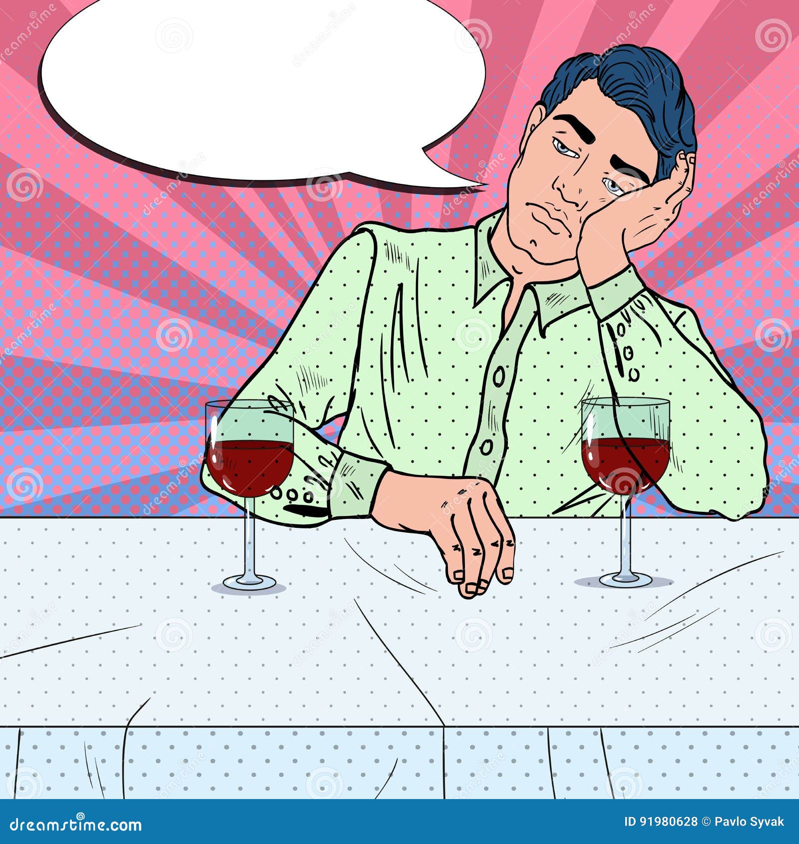 Alone Sad Man Drinking Wine in Restaurant. Broken Heart. Pop Art ...